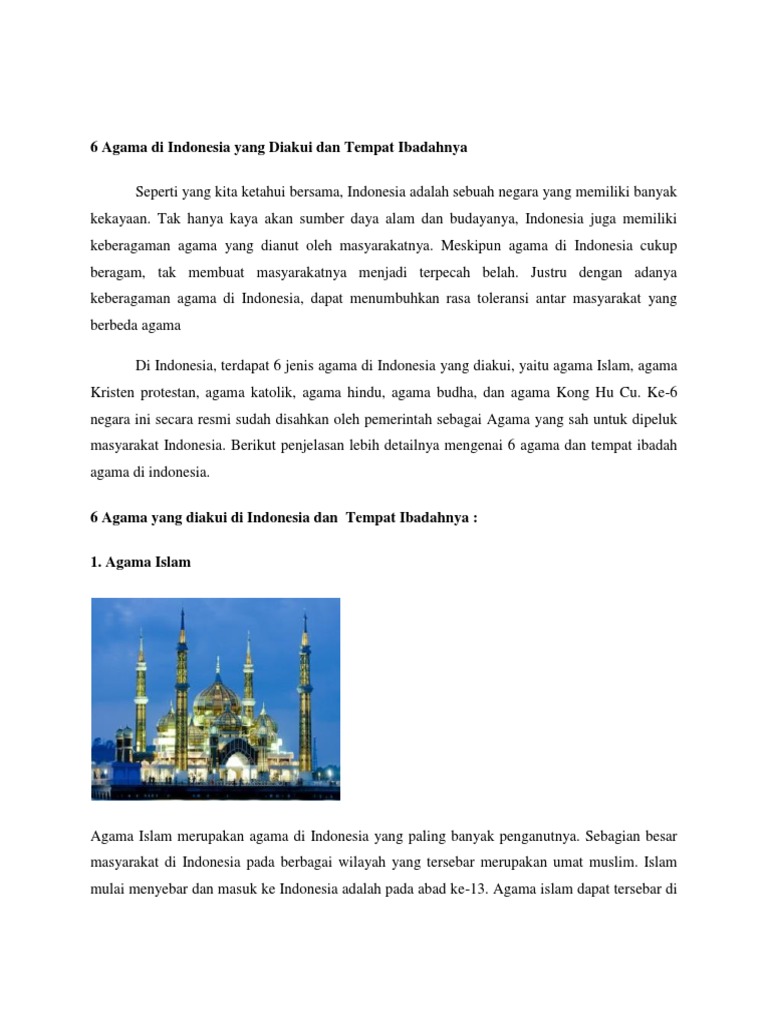 6 Agama Di Indonesia Yang Diakui Dan Tempat Ibadahnya | PDF