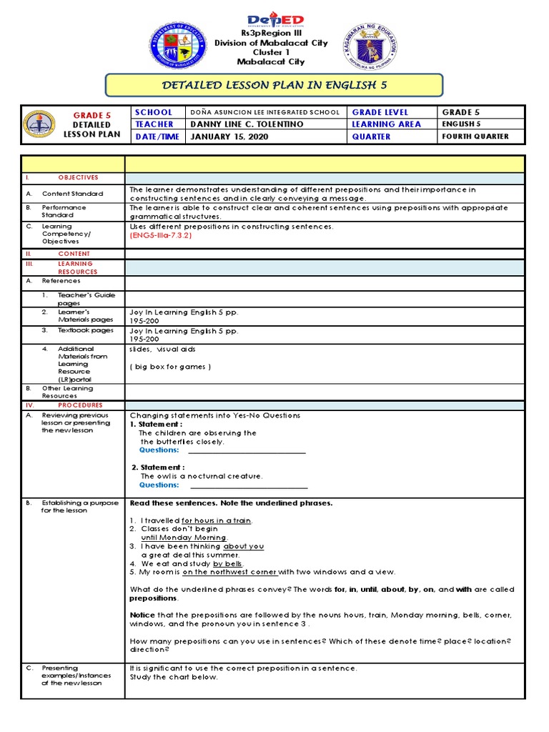COT 3 English | PDF | Preposition And Postposition | English Language