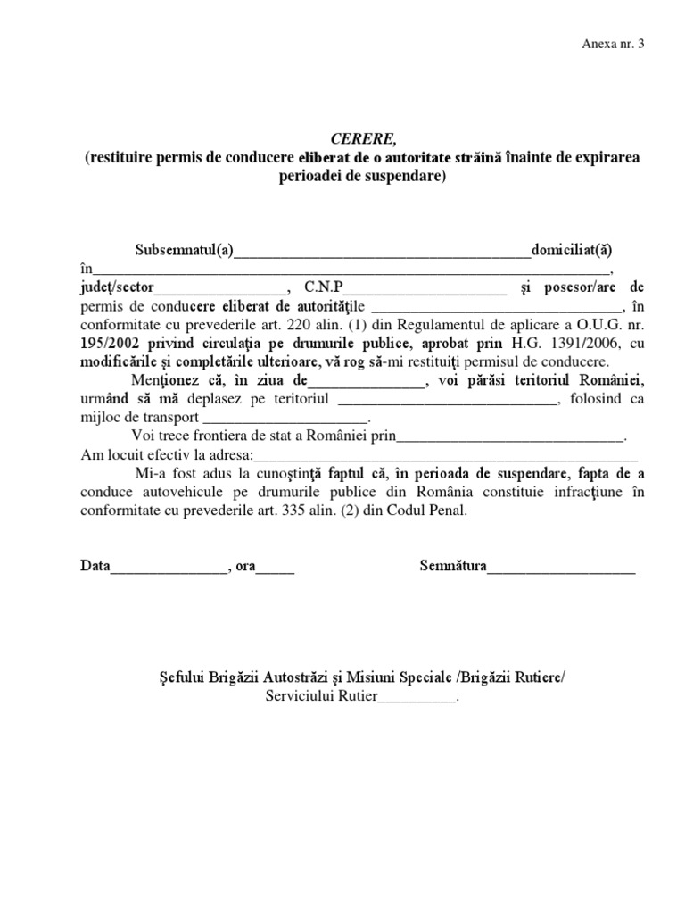Cerere Restituire Permis Strain Inainte de Expirare Suspendare | PDF