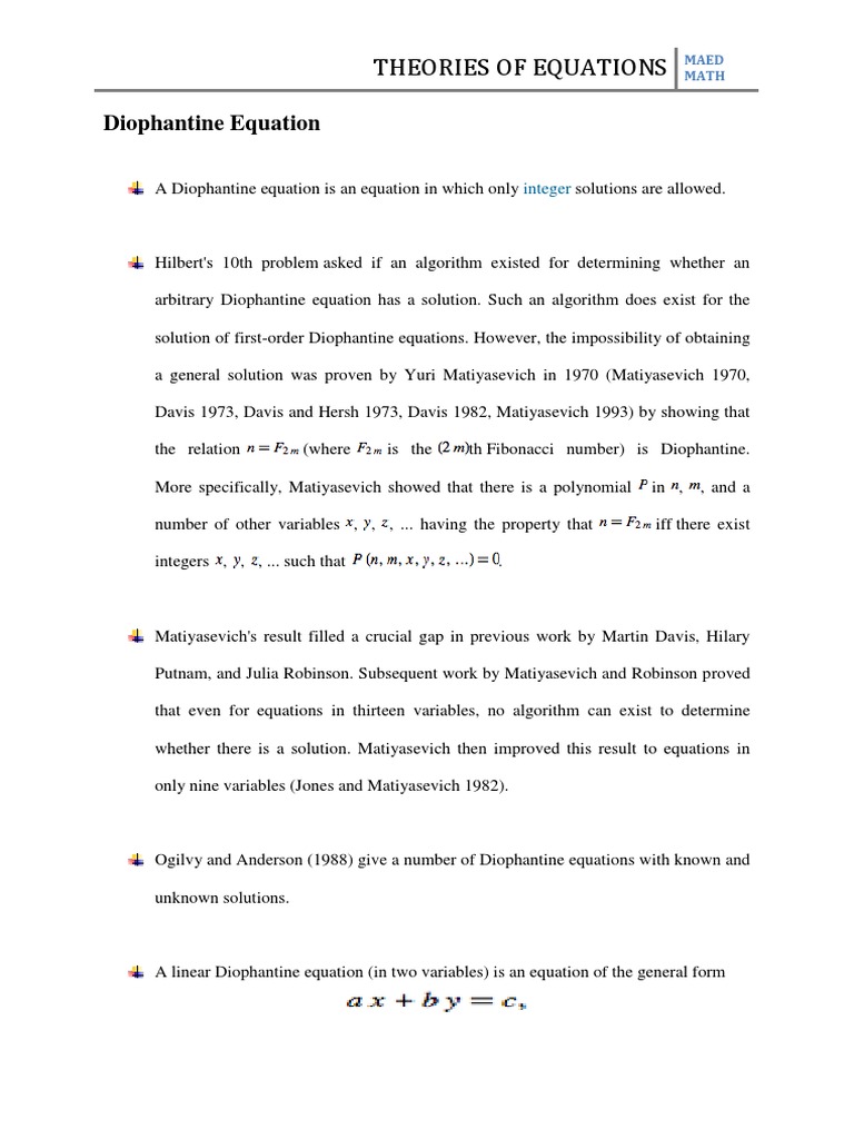 Diophantine Equation | PDF | Equations | Number Theory