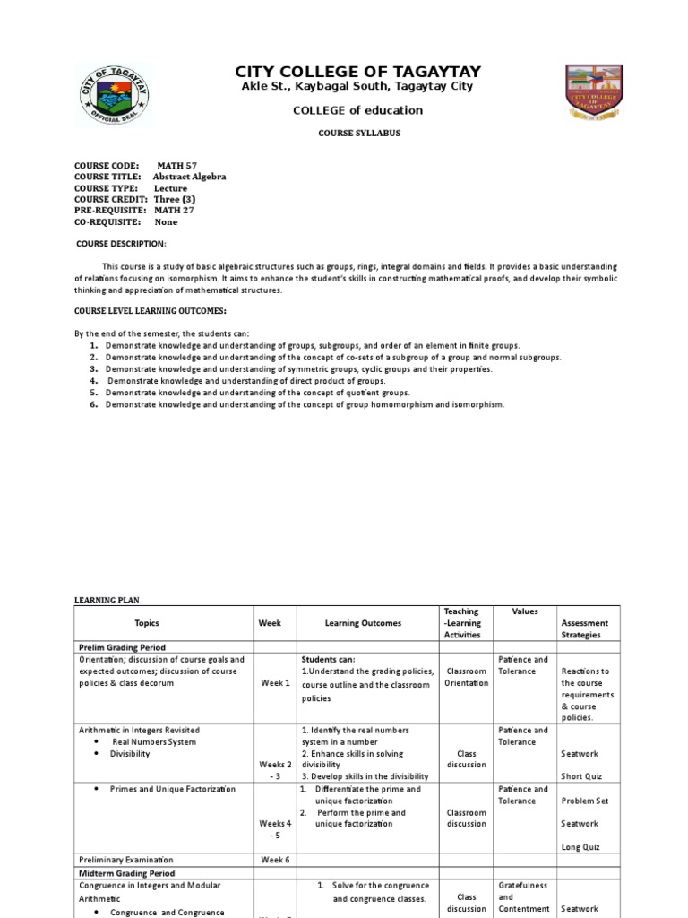 Syllabus of Abstract Algebra | PDF | Group (Mathematics) | Factorization