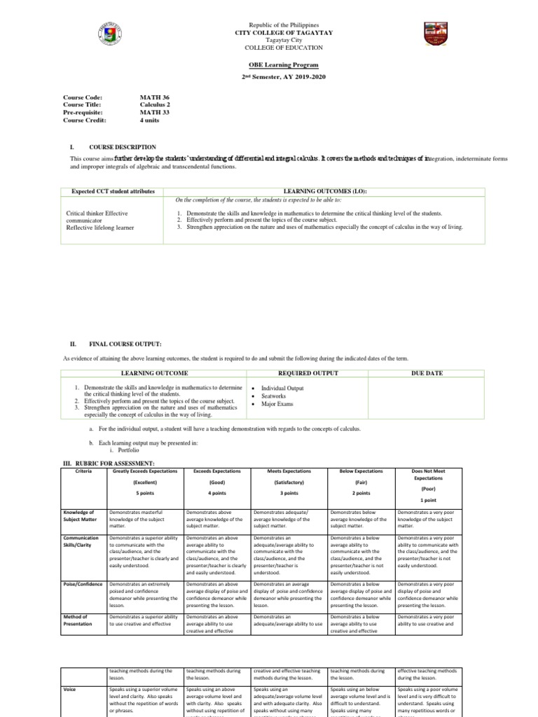 Calculus 2 Course Syllabus: Outlining Learning Outcomes, Assessments ...