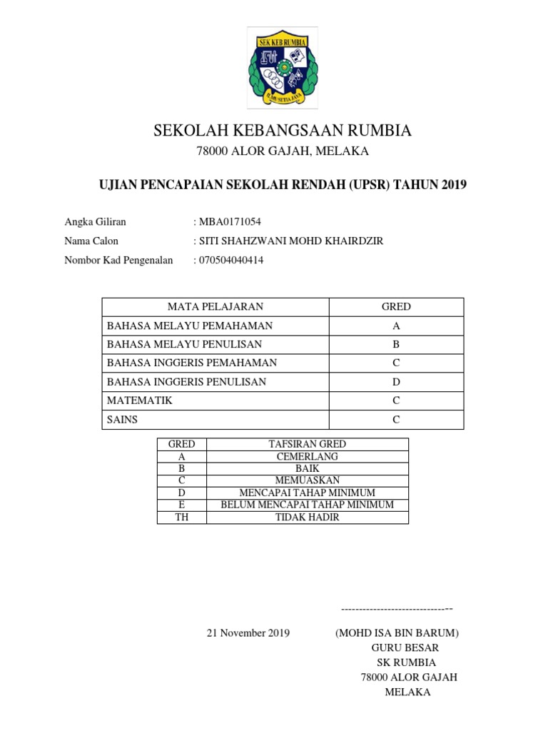 Sijil UPSR 2019 | PDF