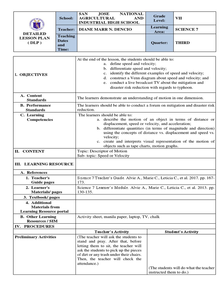 Speed and Velocity Lesson Plan | PDF | Velocity | Speed