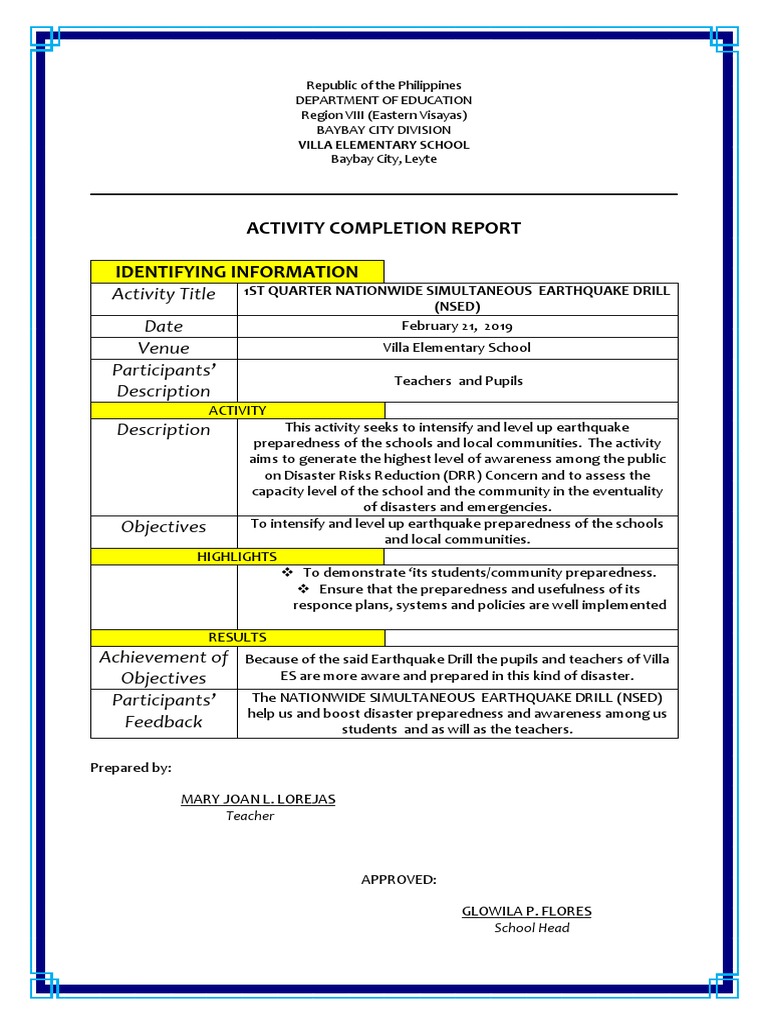 ACR & Narrative Report On 1st NSED 2019 VILLA ES | PDF | Disaster Risk ...