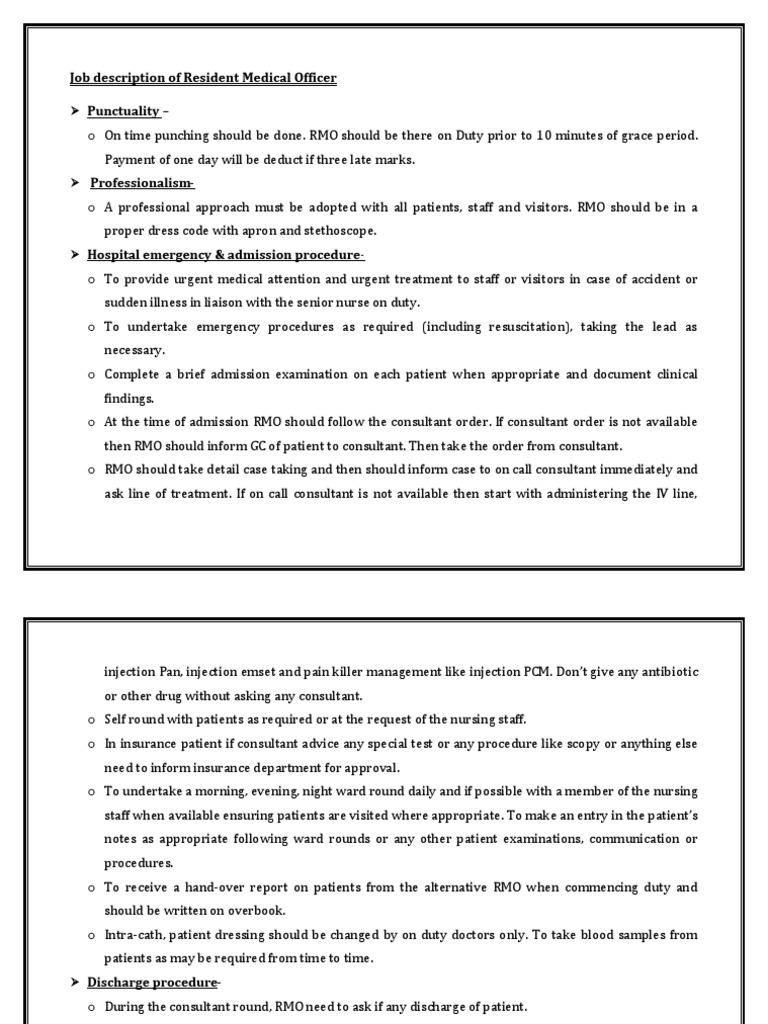 Job Description of Resident Medical Officer | PDF | Patient | Hospital