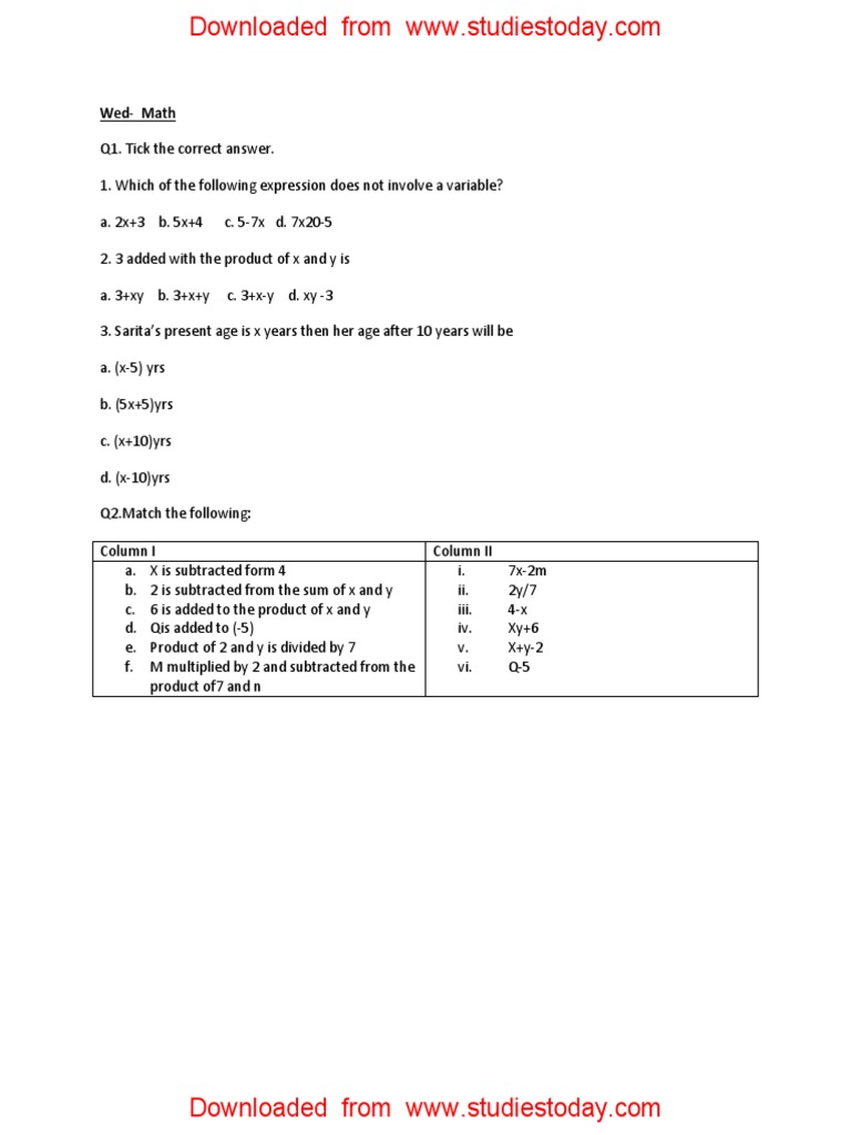 CBSE Class 6 Algebra Worksheet | PDF