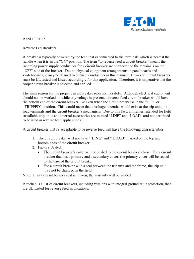 Reverse Feed Breakers Summary 20120413 | PDF | Wire | Safety