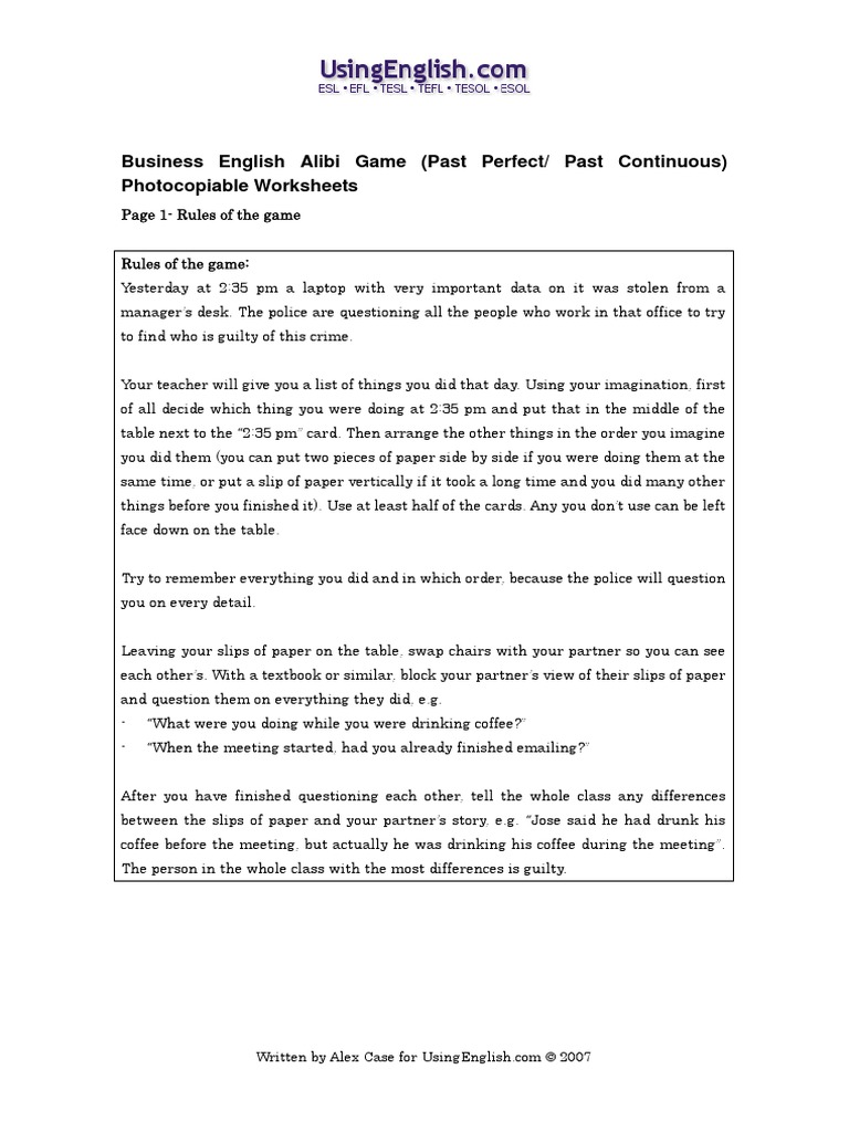 Business English Alibi Game Worksheet PDF | PDF | Computing And ...