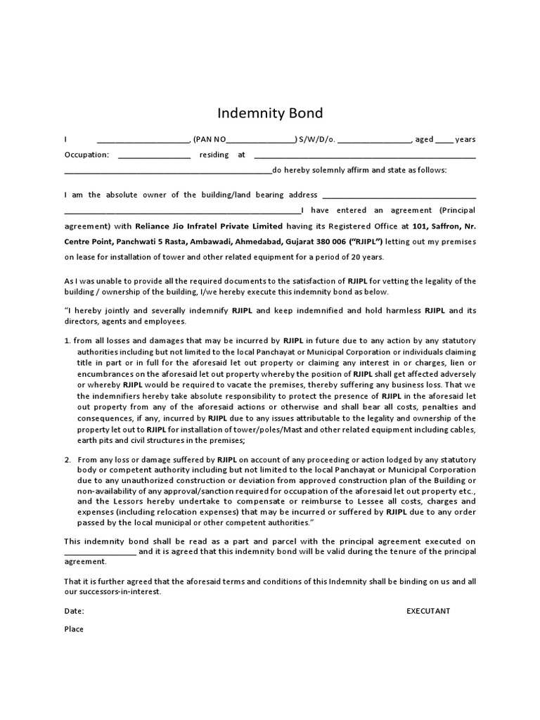 Indemnity Bonds - RJIPL | PDF | Indemnity | Lease