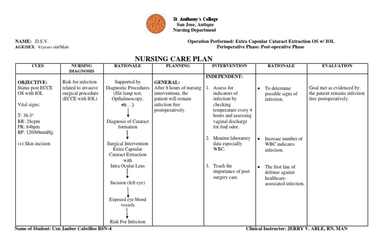 Nursing Care Plan for Cataract Surgery | PDF | Surgery | Cataract