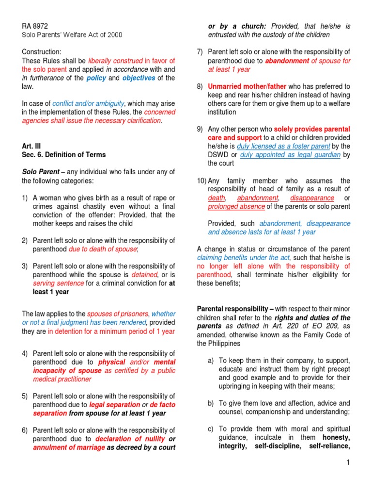RA 8972 Solo Parent's Welfare Act | PDF | Parental Leave | Parent