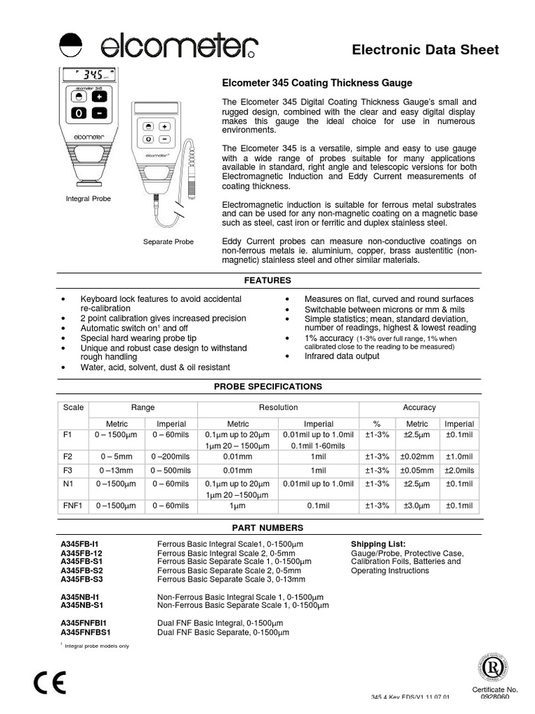 Elcometer 345 Coating Thickness Gauge - Datasheet PDF | PDF | Sheet ...