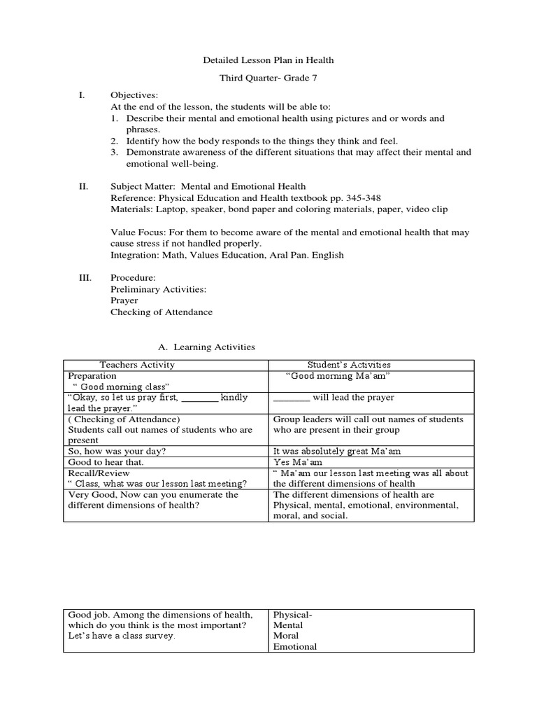 Grade 7 Mental Health Lesson Plan | PDF | Mental Health | Mental Disorder