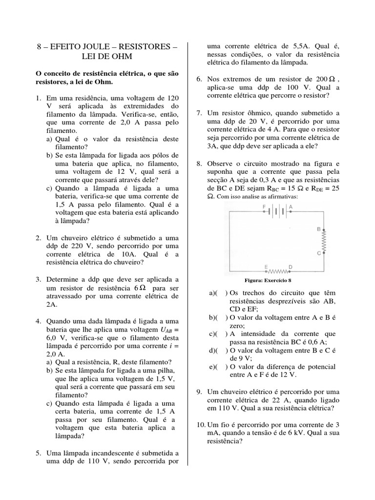 Exercicios Efeito Joule 1 Lei de Ohm Resistores 2 PDF | PDF | Resistividade elétrica e ...