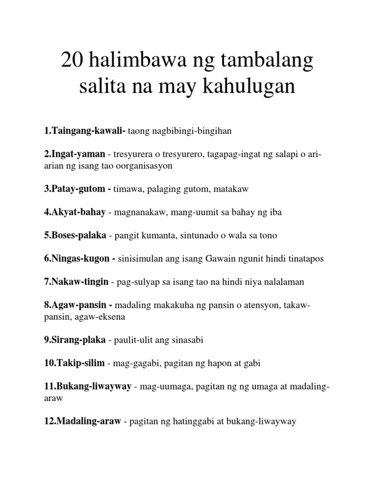 20 Halimbawa NG Tambalang Salita Na May Kahulugan | PDF
