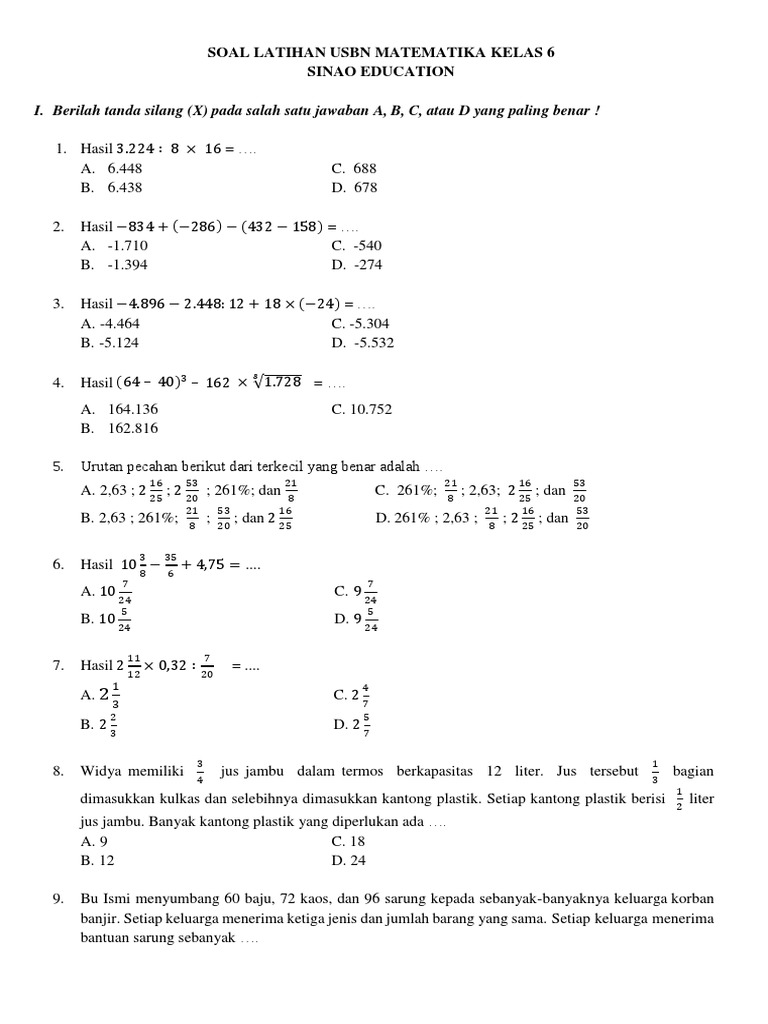 Soal Latihan Usbn Matematika Kelas 6 | PDF
