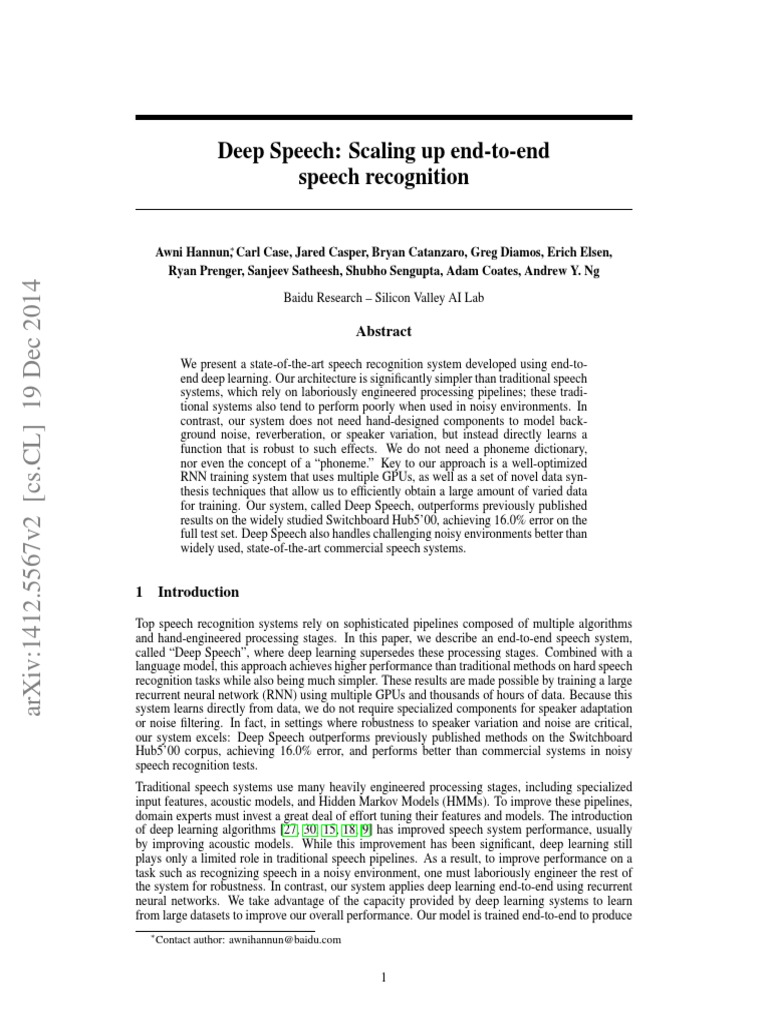 Deep Speech - Scaling Up End-To-End Speech Recognition | PDF | Deep Learning | Speech Recognition