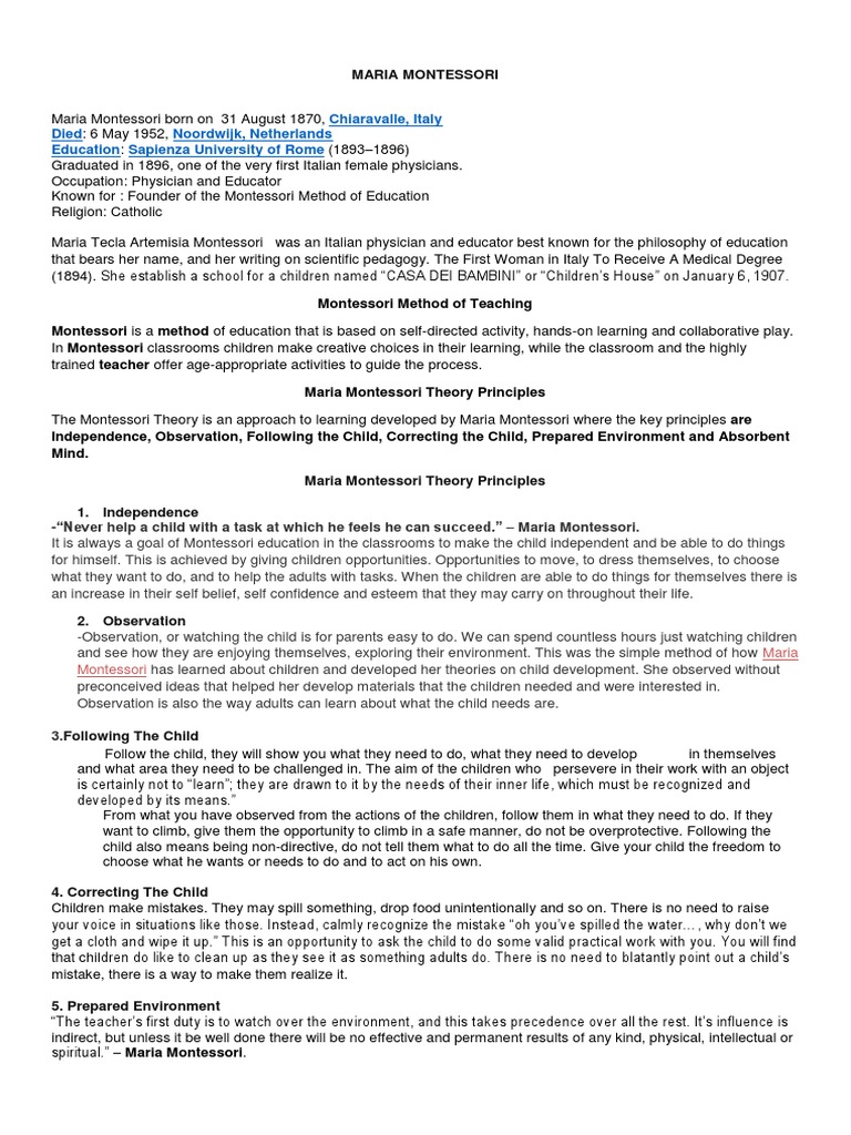 Maria Montessori: Founder of the Montessori Method of Education and Her ...