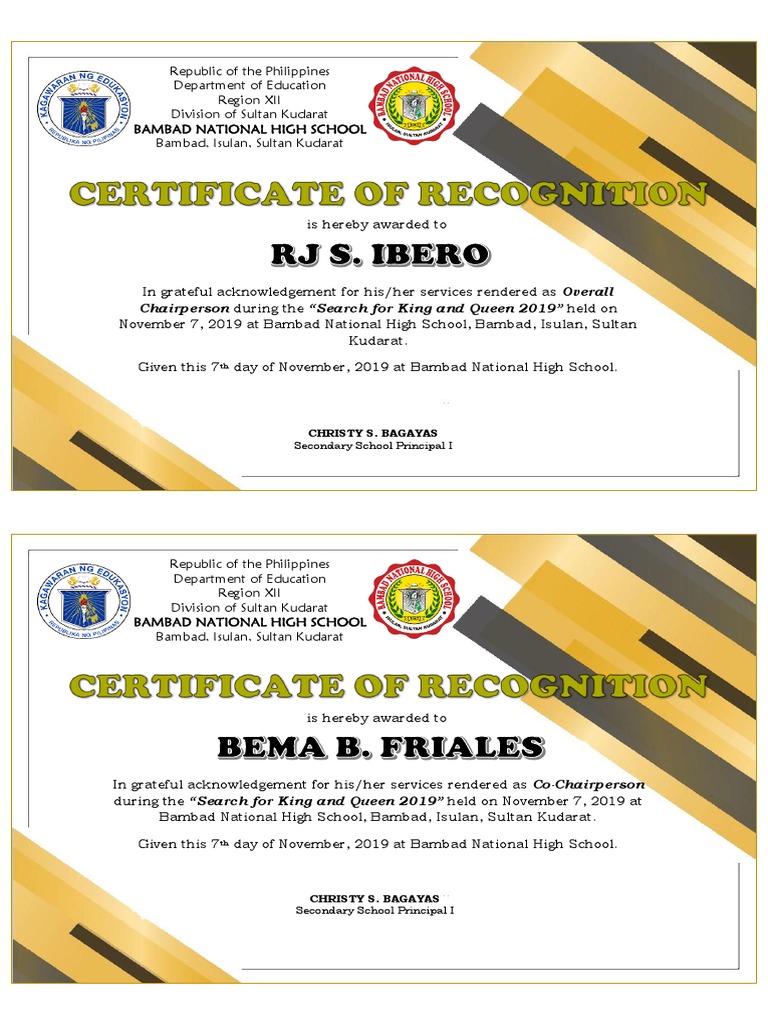 Certificates Search For King and Queen 2019 | PDF | Schools ...