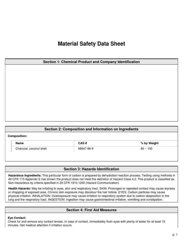 MSDS Coconut Shell Charcoal PDF | PDF | Fires | Toxicity