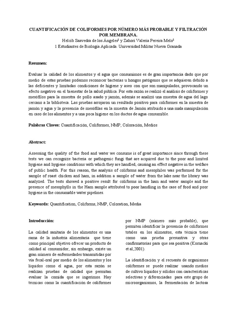 Análisis de Coliformes en Alimentos y Agua | PDF | Unidad de formación ...