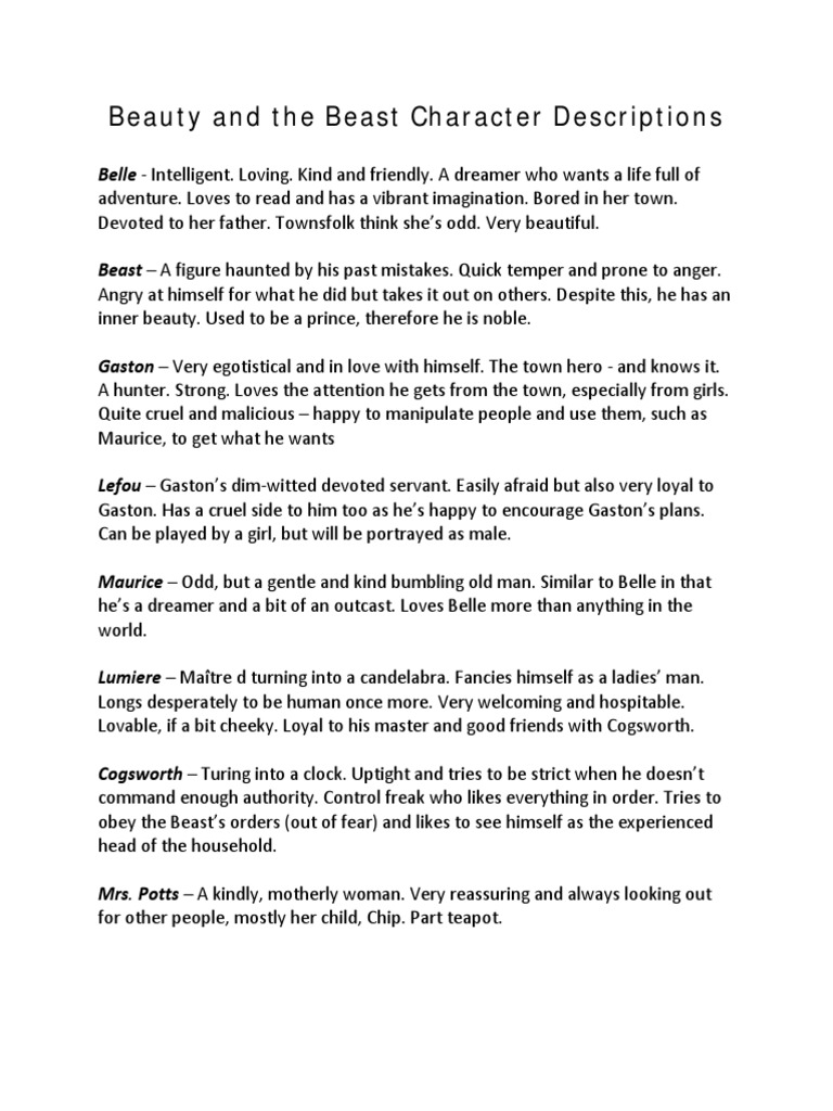 A Tale as Old as Time: Character Descriptions for Beauty and the Beast ...