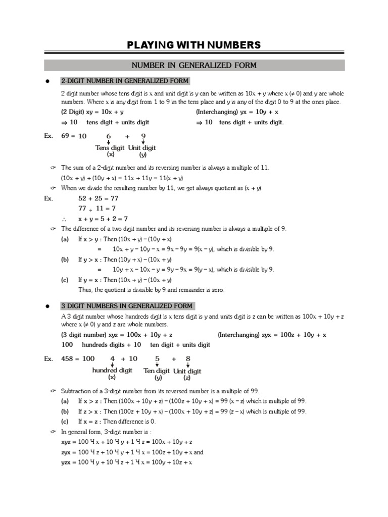 01 - Playing With Numbers | PDF | Numbers | Subtraction