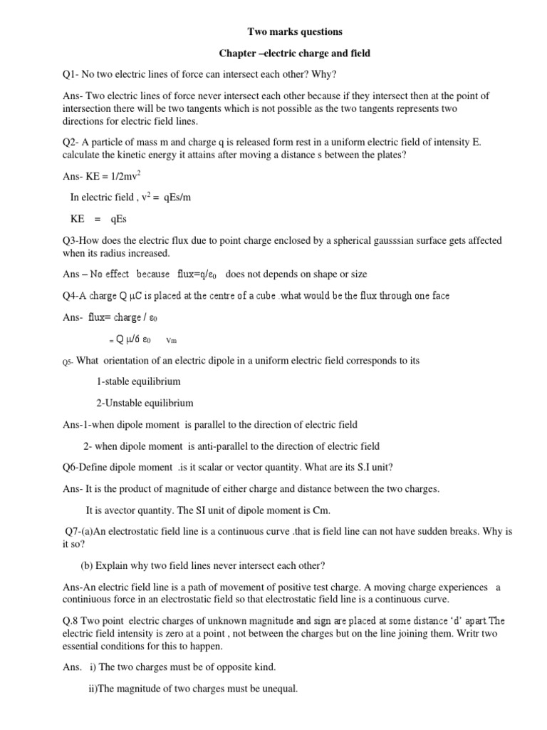 2 Marks Question | PDF | Electric Charge | Electric Field