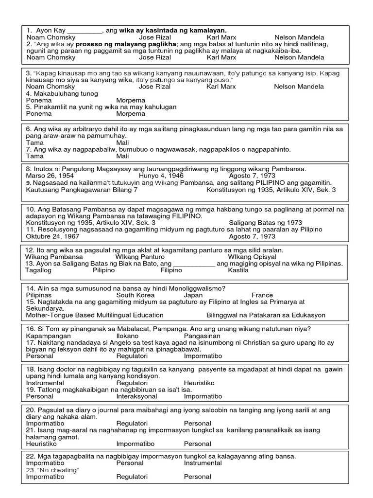 Long Quiz in Filipino (40 Items) | PDF