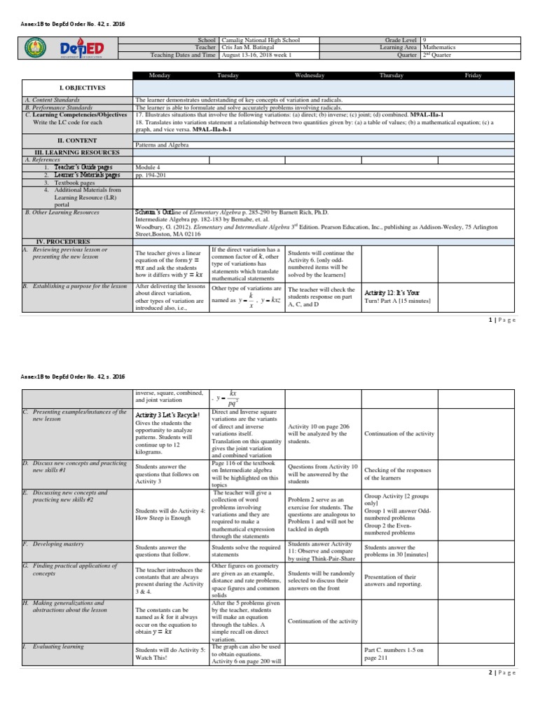 DLL Grade 9 Math Q2 Week 1 | PDF | Group (Mathematics) | Algebra