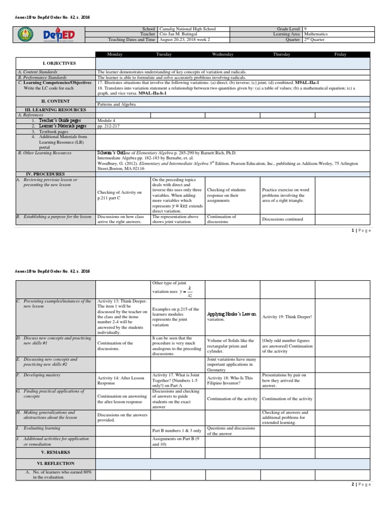 DLL Grade 9 Math Q2 Week 2 | PDF | Algebra | Teaching Mathematics