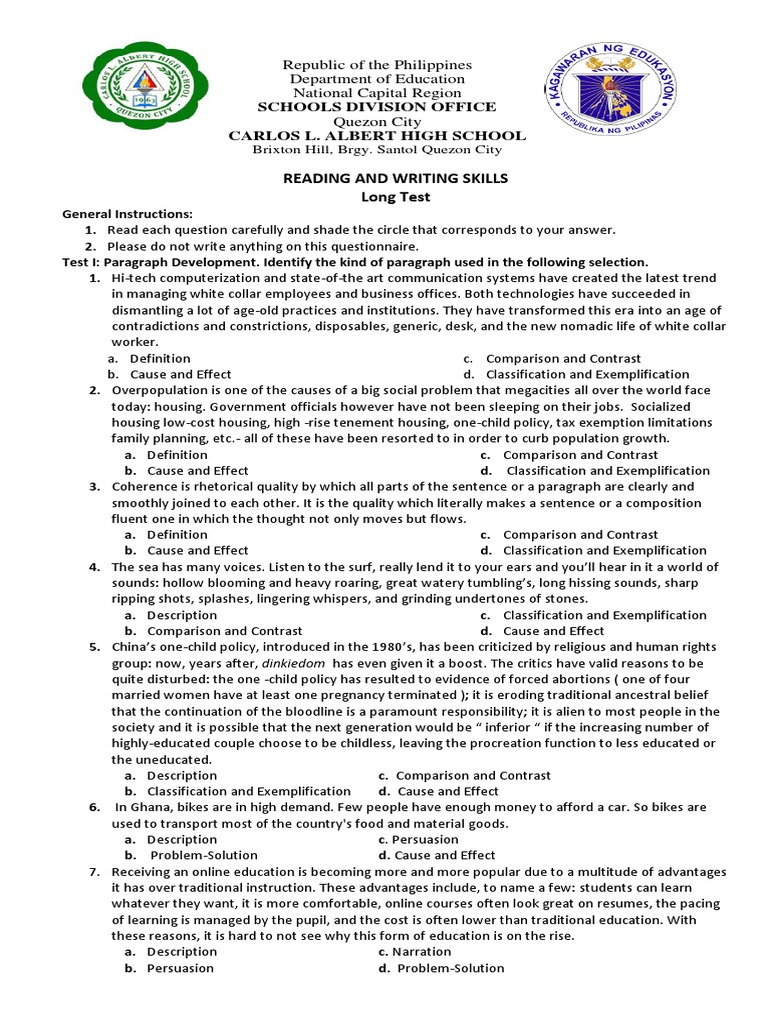 READING AND WRITING SKILLS Long Test | PDF | Morphology (Linguistics ...