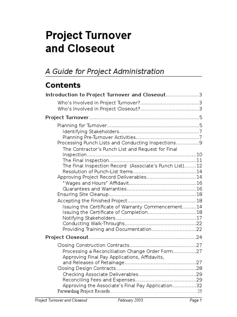 Project Turnover and Closeout Guide | PDF | General Contractor ...