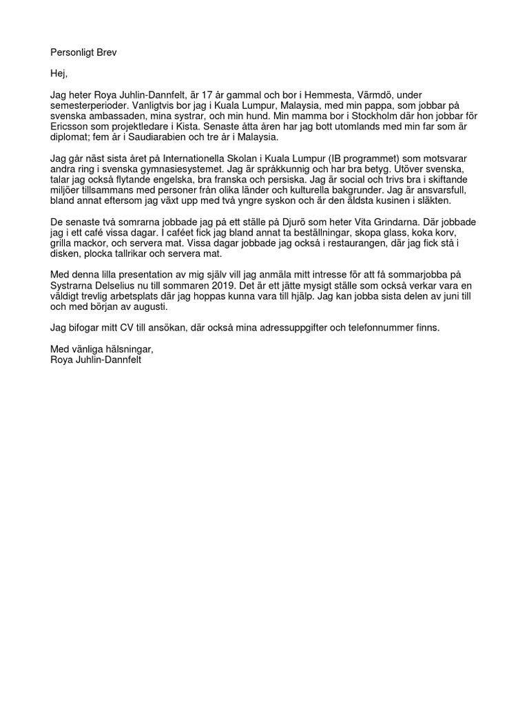 Systrarna Delselius Personligt Brev | PDF