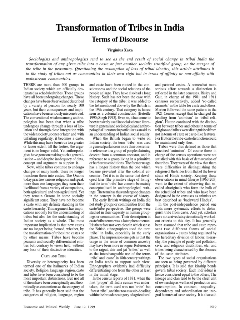 Transformation of Tribes in India - Terms of Discourse | PDF | Caste ...