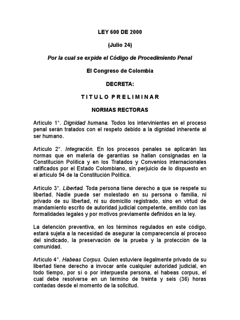 Ley 600 - 2000 CÓDIGO PROCEDIMIENTO PENAL | PDF | Ley procesal ...