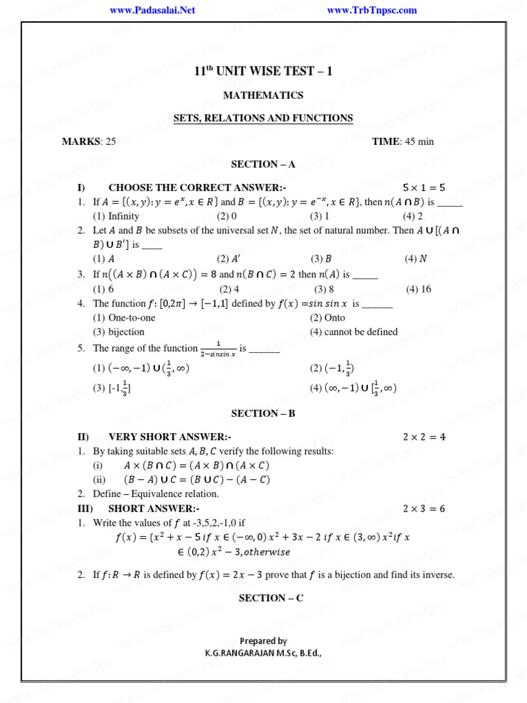 11th Maths Unit Test 1 Question Paper English Medium | Download Free ...