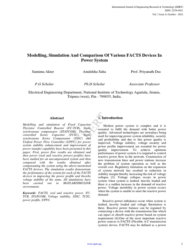 Modelling Simulation And Comparison Of Various Facts Devices In Power System Ijertv1is8497