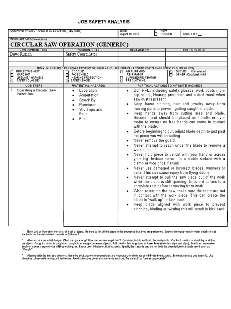 JSA Circular Saw Operation | PDF | Personal Protective Equipment ...