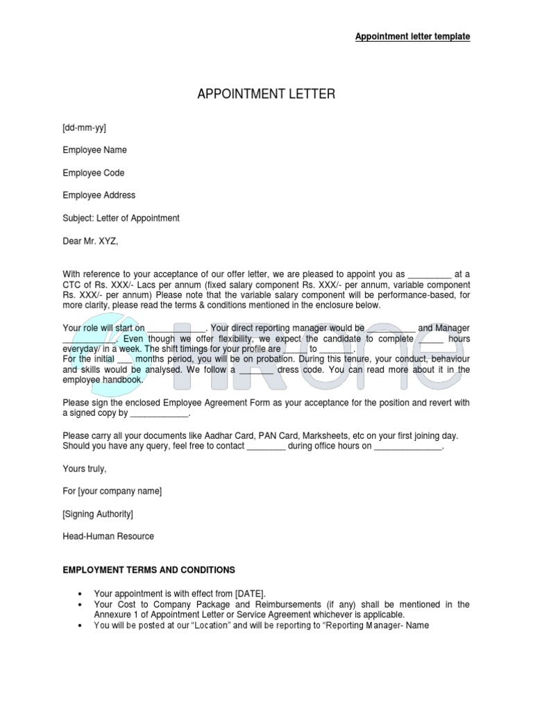Appointment Letter Template | PDF | Employment | Salary