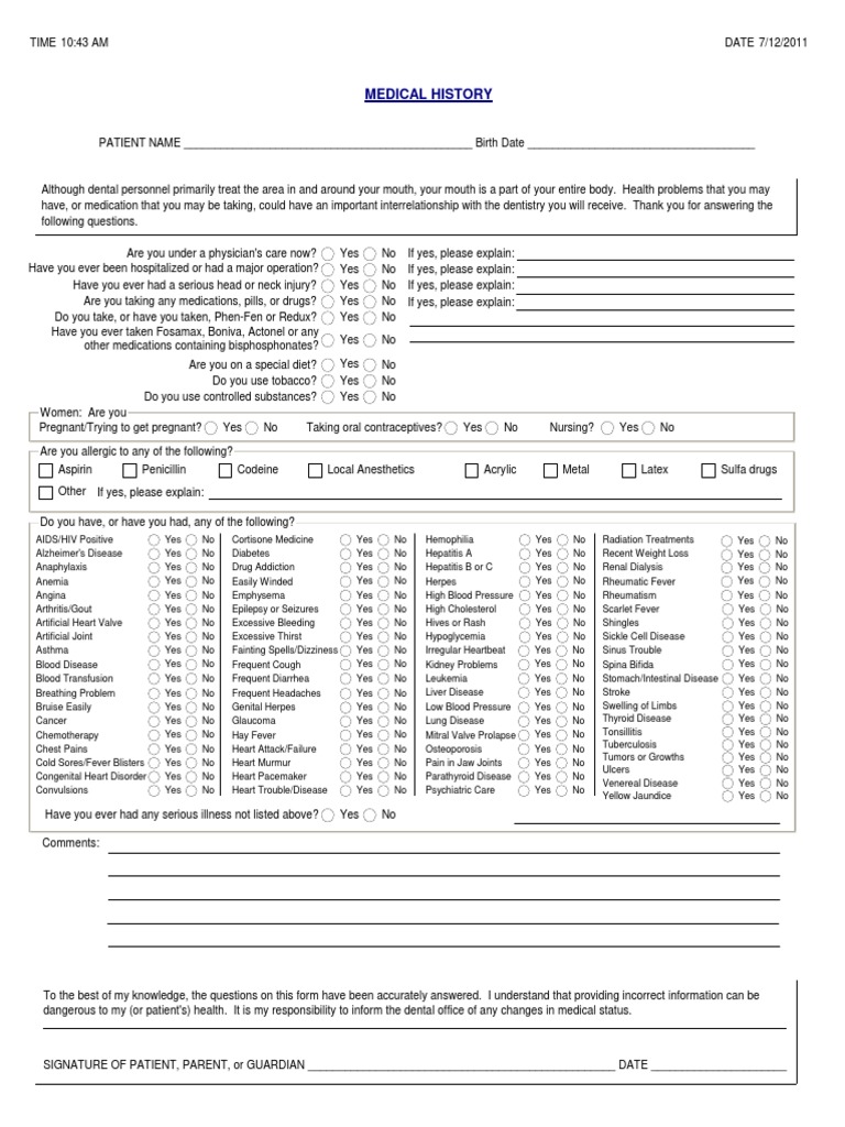 General Medical History Form PDF | PDF | Dentistry | Epidemiology