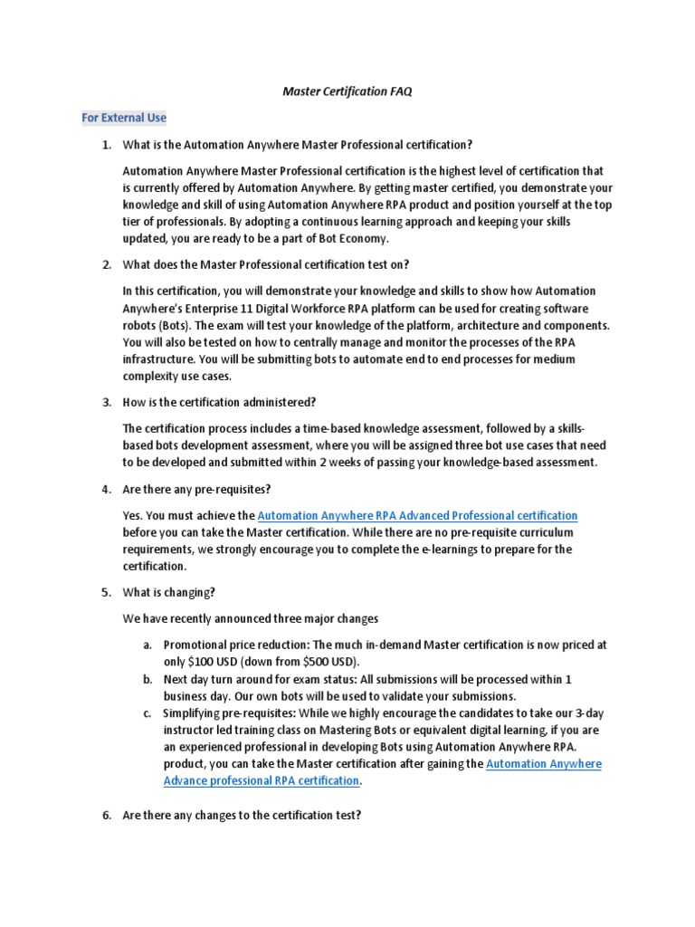 Automation Anywhere Master Certification FAQ | PDF | Professional ...