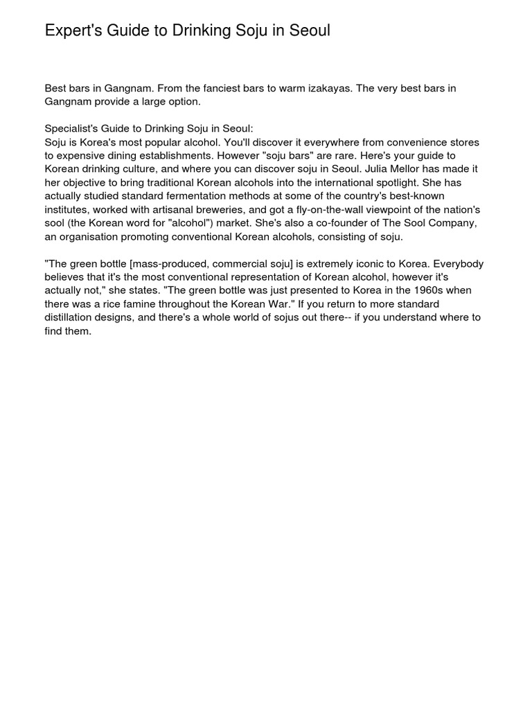 Expert's Guide To Drinking Soju in Seoul | PDF | Alcoholic Drinks | Food And Drink Preparation