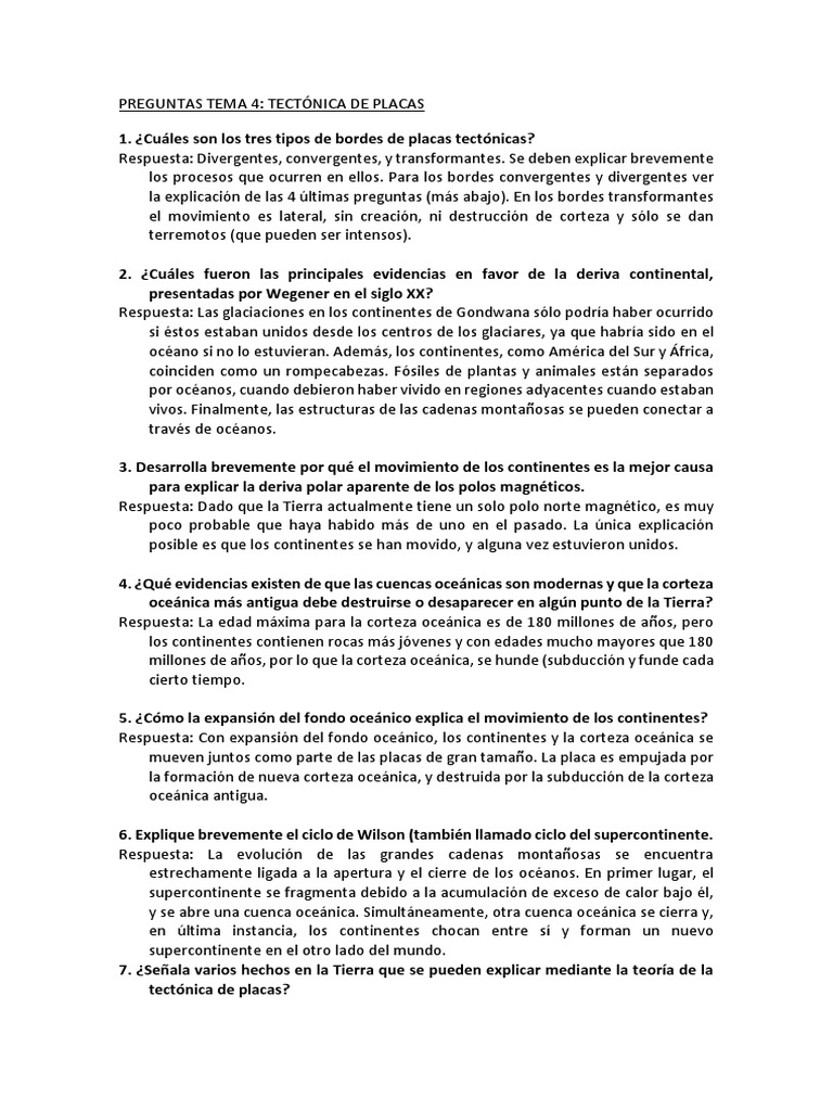 Preguntas Cortas Tema - 4 - Respuestas | PDF | Placas tectónicas | Continente