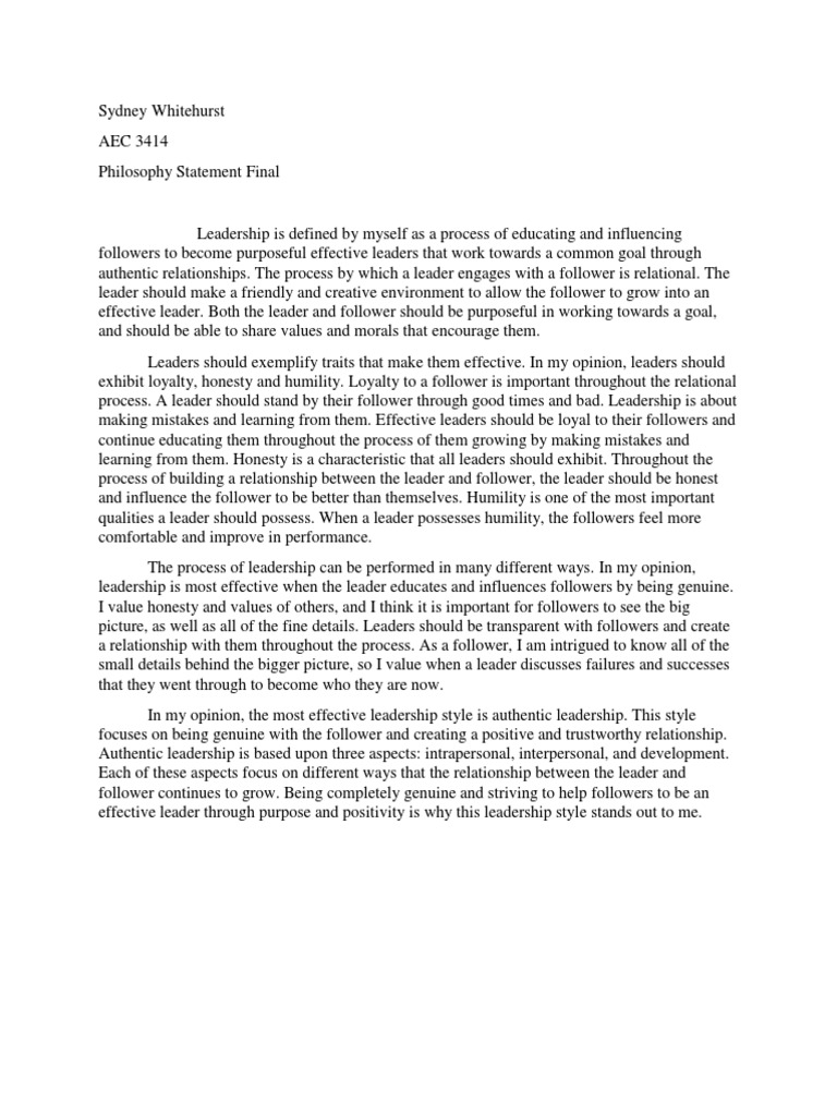 Authentic Leadership Philosophy Statement | PDF | Psychological ...