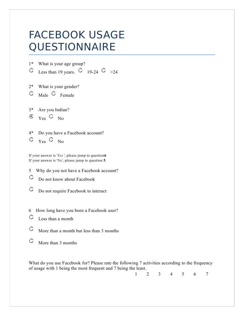 Facebook Usage Questionnaire | Facebook | Social Networking Service