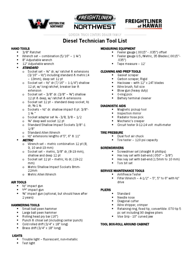 Diesel Mechanics Tools List | PDF | Tools | Manufactured Goods