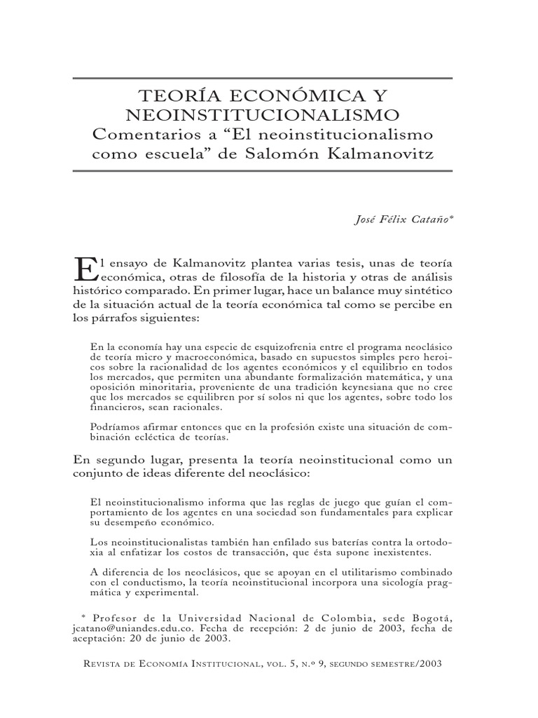 Cataño Neoinstitucionalismo | PDF | Economía neoclásica | Joseph Stiglitz