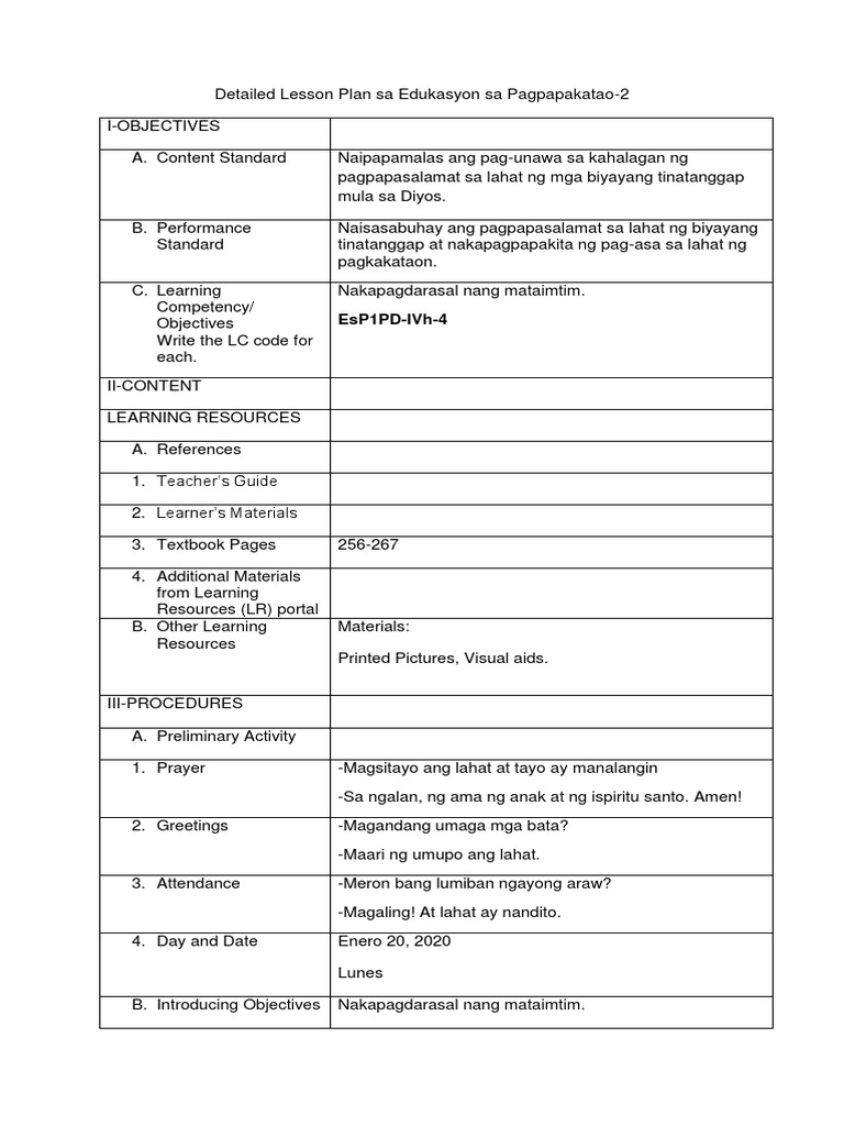 Detailed Lesson Plan Sa Edukasyon Sa Pagpapakatao | PDF